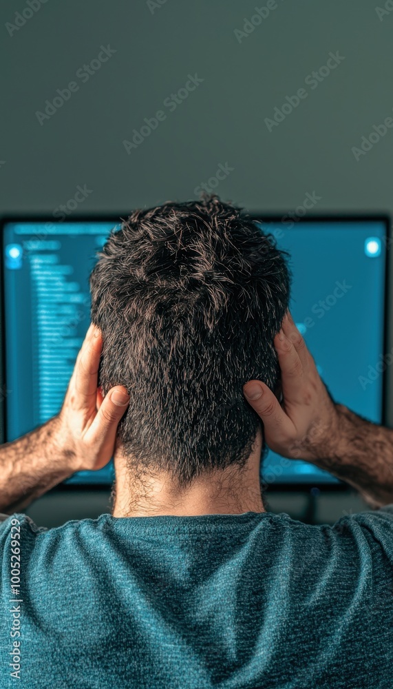 Man covering ears while staring at computer screen, feeling overwhelmed ...