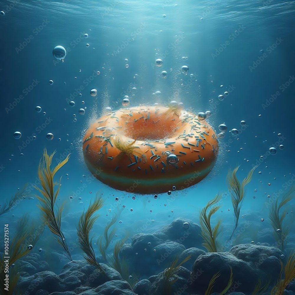 Serene Underwater Scene Featuring a Donut - With Bubbles Floating ...