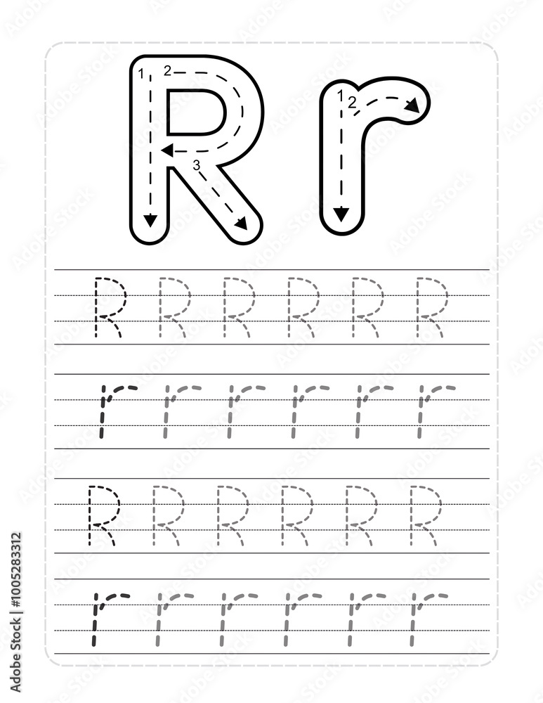 A simple coloring book page of the letter "R" with arrows on it, and ...