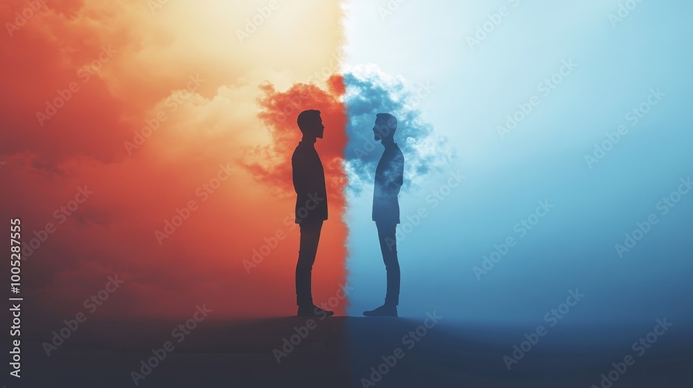 Two human figures standing on opposite sides of the color orange and ...