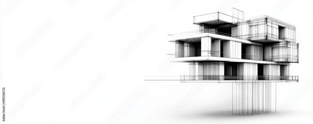 3D architectural wireframe of a multistory office building, showing ...