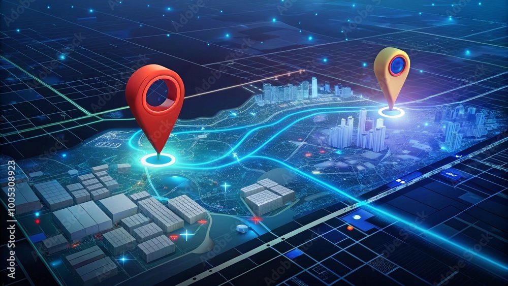 digital map displaying location with two pins, highlighting urban areas ...
