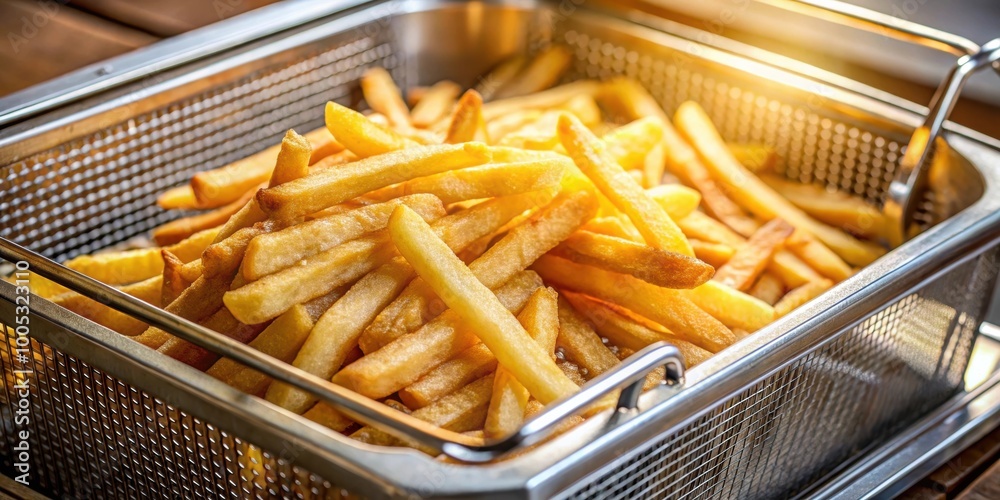 Crispy deep fried french fries in the deep fryer, french fries, fast ...