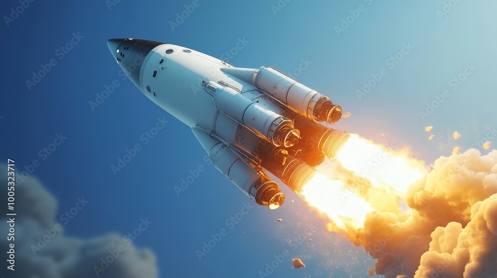 3D render of a space rocket launch, capturing the dramatic lift-off ...