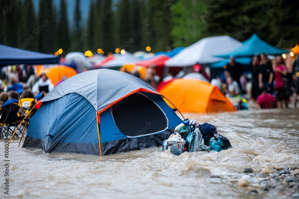 A flash flood overrunning a campground, with tents and equipment being ...