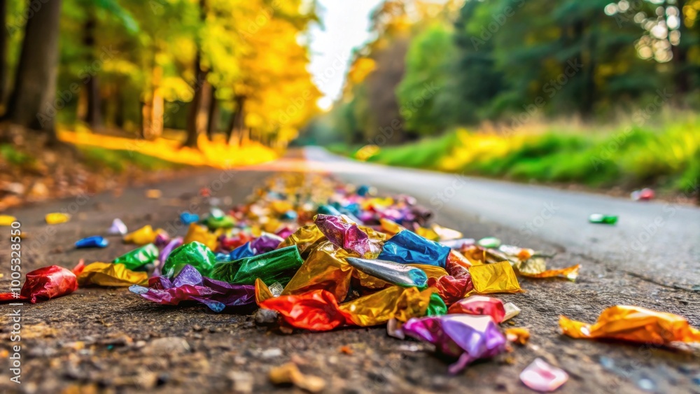 Colorful candy wrappers and chip bags littered on the side of the road ...