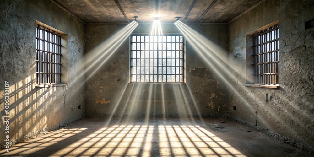 Abandoned prison cell with sunlight streaming through window onto tally marks , prison ...