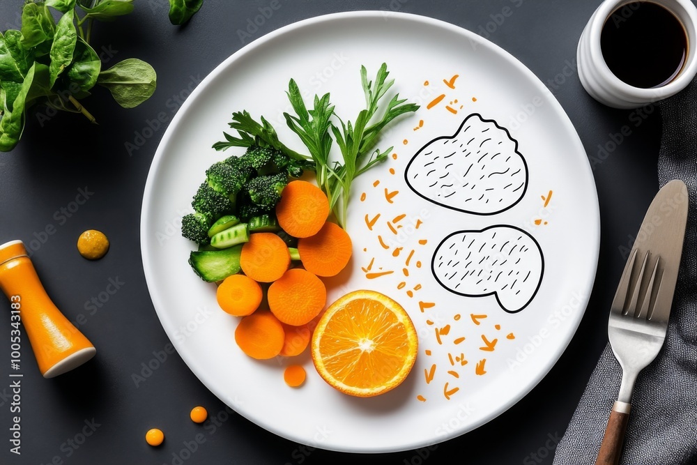 Minimalist line art of a portion-controlled meal, featuring simple ...