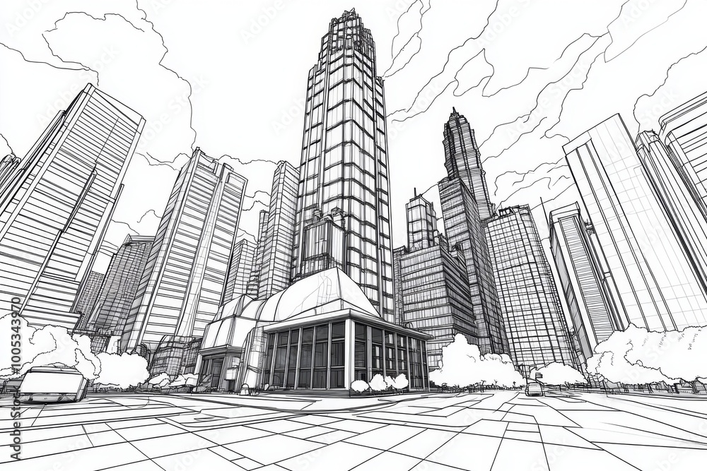 Simple line art of an urban skyline, where clean, modern lines ...