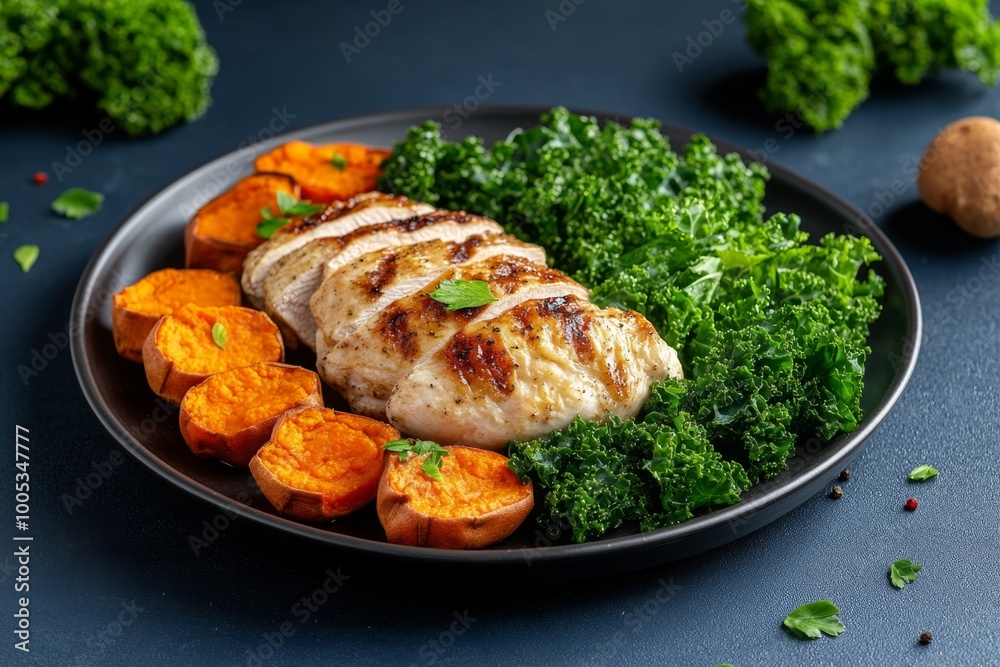 A balanced, diet-friendly plate with roasted chicken, sweet potatoes ...