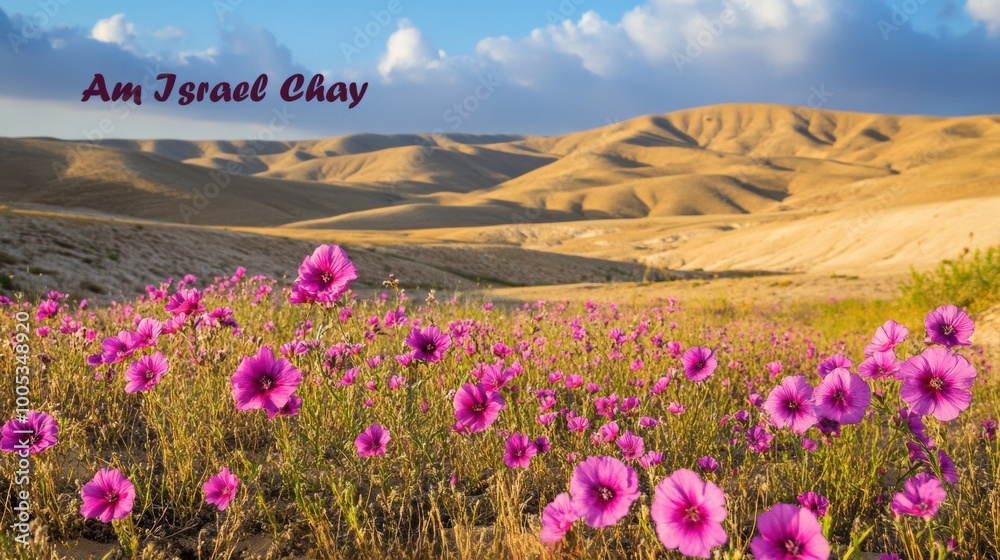 Vibrant pink wildflowers bloom across an arid desert landscape in ...