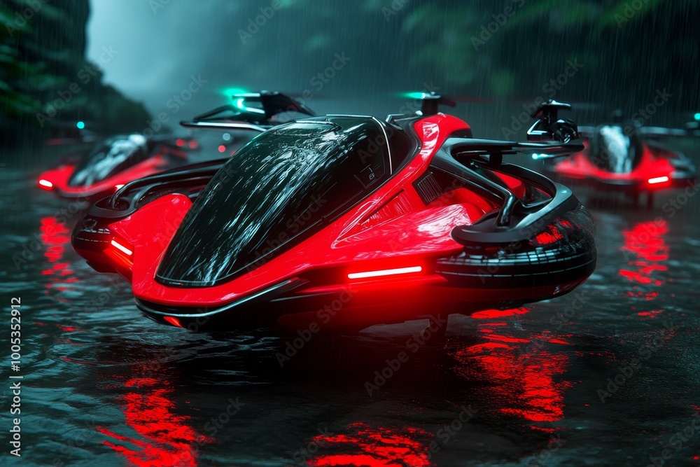 A futuristic landscape being overtaken by a flash flood, where ...