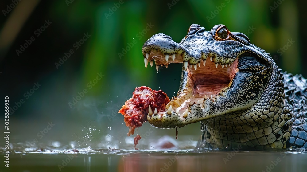 A crocodile snapping at a piece of meat during feeding time at a ...