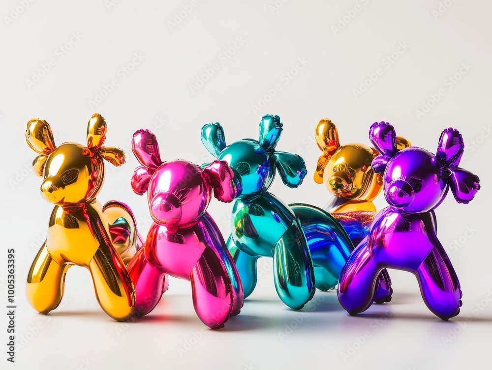 2408 113.A set of multicolored 3D balloon dogs with a shiny, metallic ...