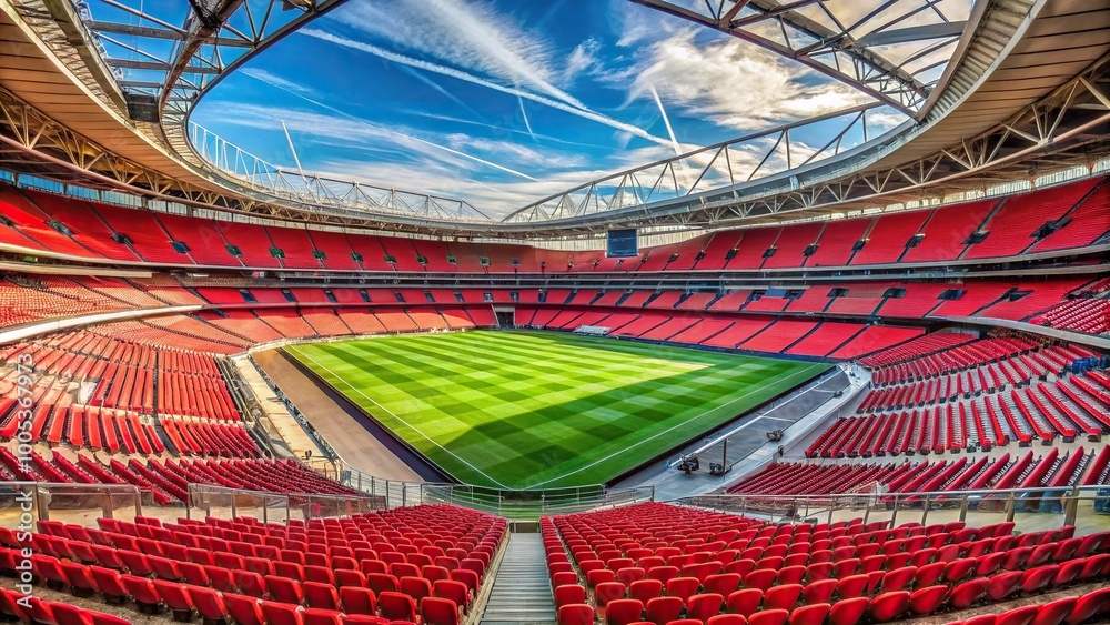 Reflected wide angle shot of empty Wembley Stadium on a bright day for ...
