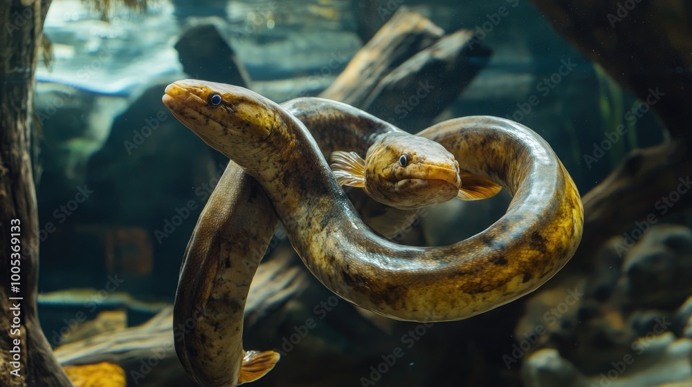 A pair of eels intertwined in a playful manner in an aquarium ...