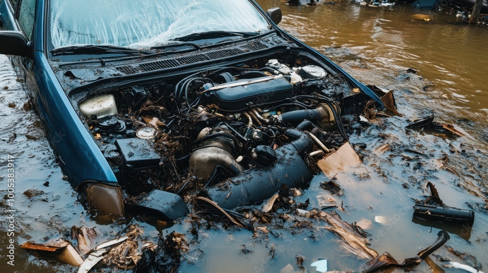 A car engine bay filled with floodwater, with debris floating on the ...