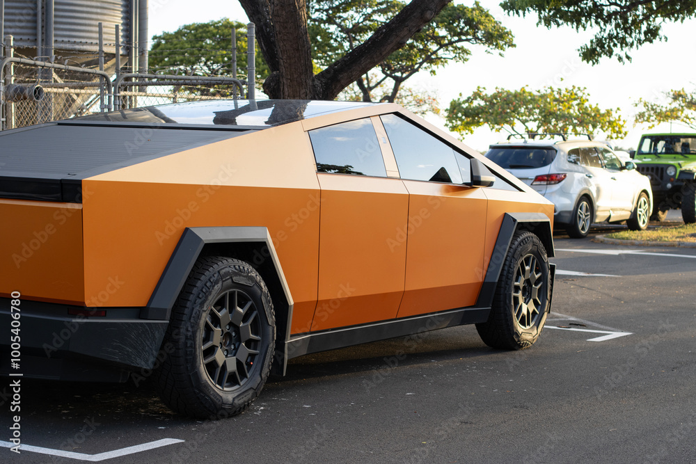Honolulu, HI, USA - Aug 28, 2024: A new Tesla Cybertruck in orange ...