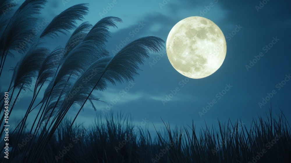 Full moon and Japanese pampas grass in midnight,The harvest Miscanthus ...