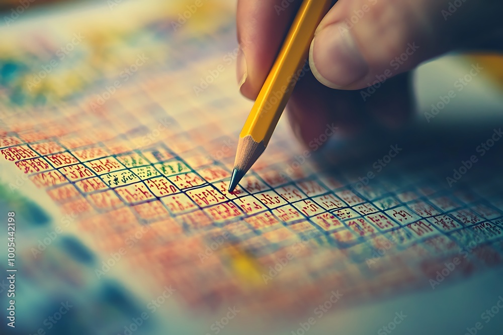 Close up hand holding pencil over crossword puzzle on newspaper. Game ...