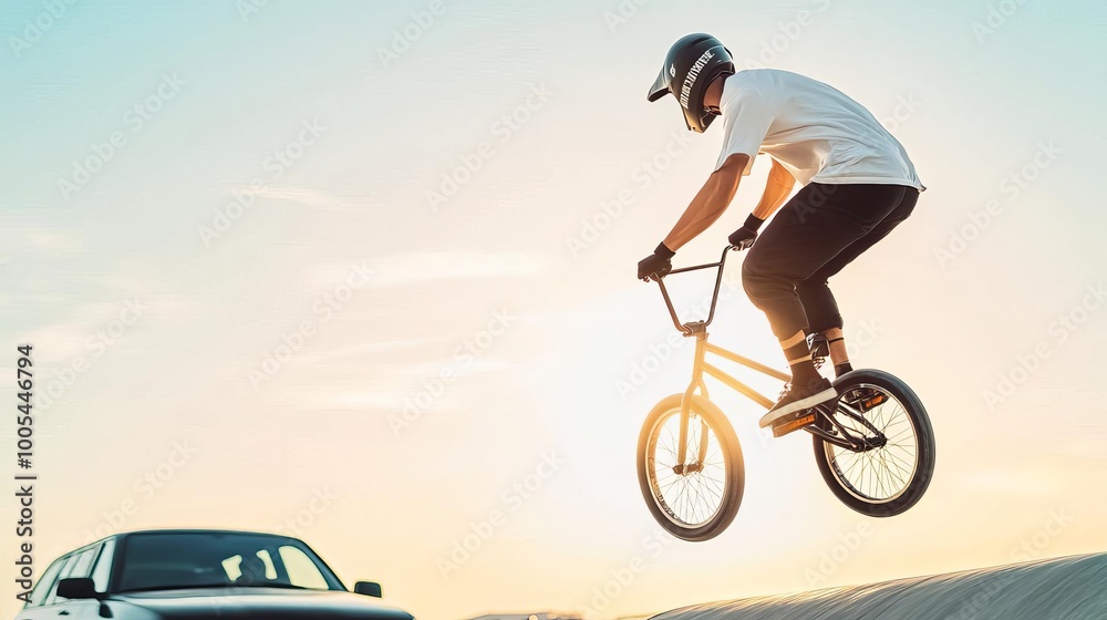 BMX rider performing a trick over a car, capturing the excitement of ...