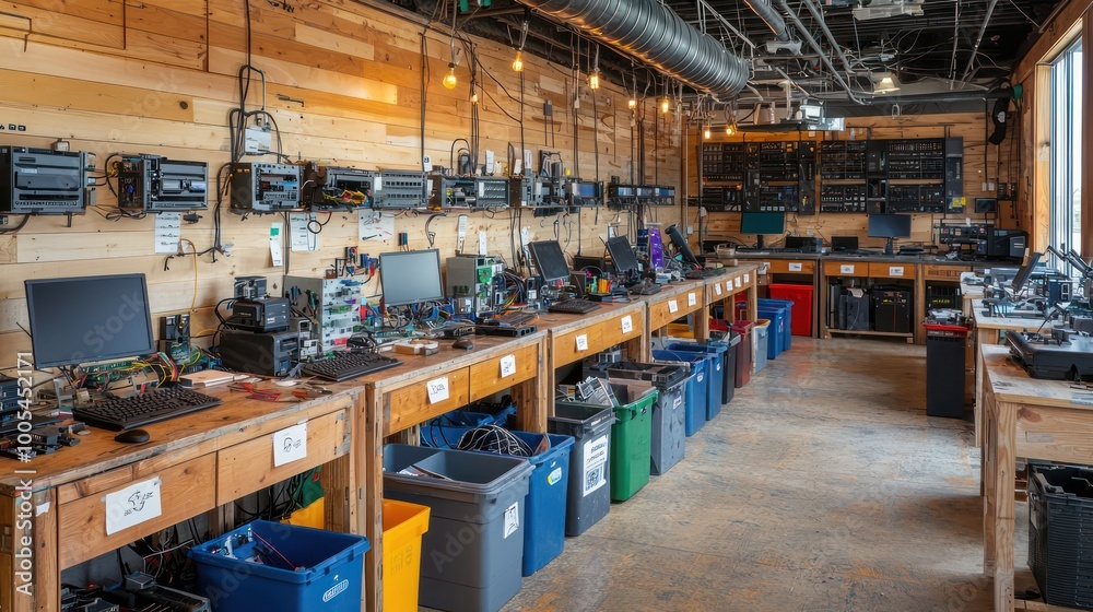 An eco-friendly tech repair shop with components sorted into bins for ...