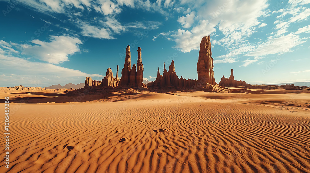 Desolate desert terrain with tall rock spires and endless sand dunes ...