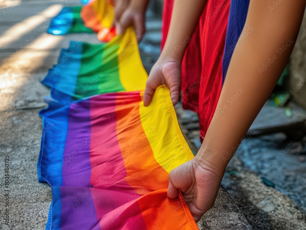Rainbow flags showing in hands human rights and to celebrate lgbtq+ in ...