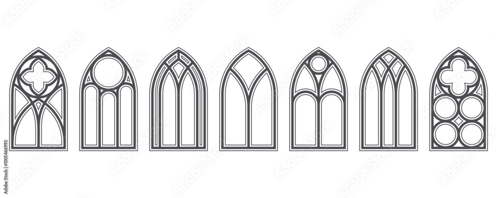Gothic church windows. Cathedral stained glass arches. Vector frame ...
