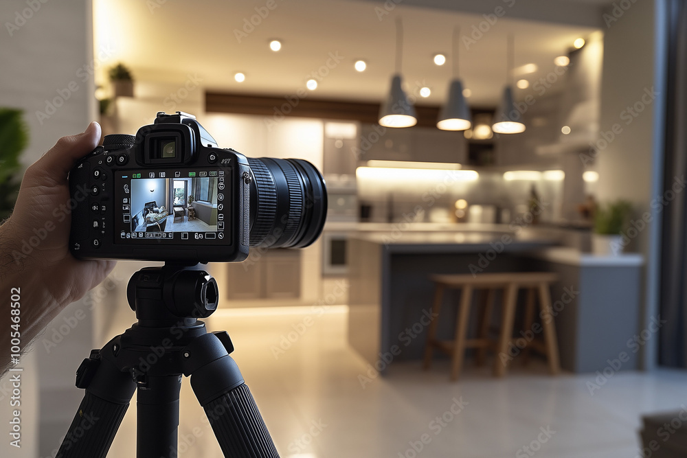 Camera viewfinder showing an interior photography shot of a modern ...
