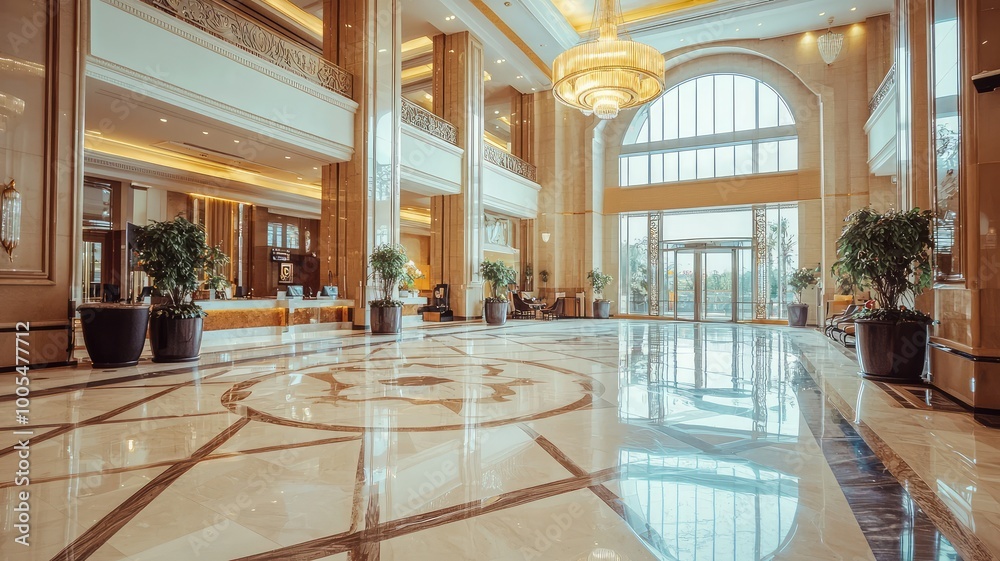 Elegant hotel lobby featuring luxurious decor, polished marble floors ...