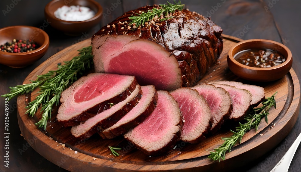 Elegant Sunday Roast with Sliced Roast Beef and Crispy Onion Rings on ...