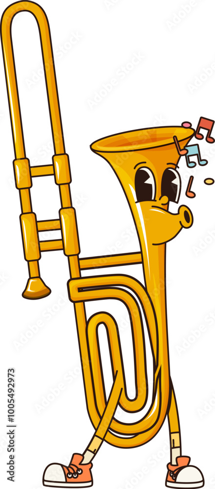 Cartoon trombone groovy musical instrument character whistling a melody ...