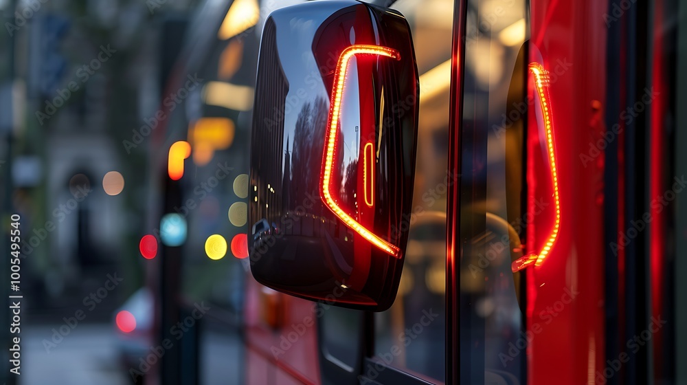Zoomed in view of a bus side mirror with integrated turn signal Stock ...