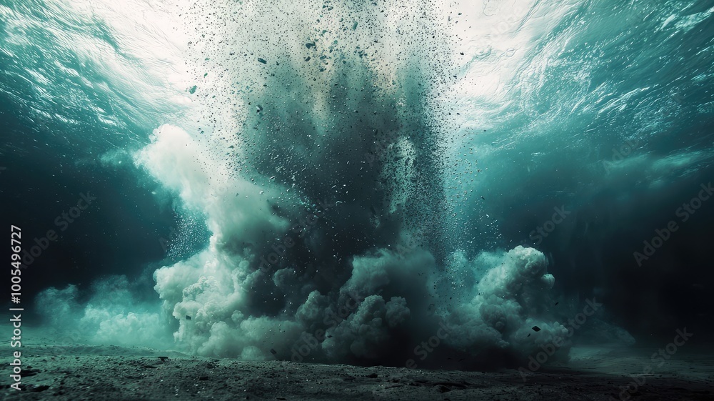 Underwater explosion releasing clouds of bubbles and sediment, creating ...