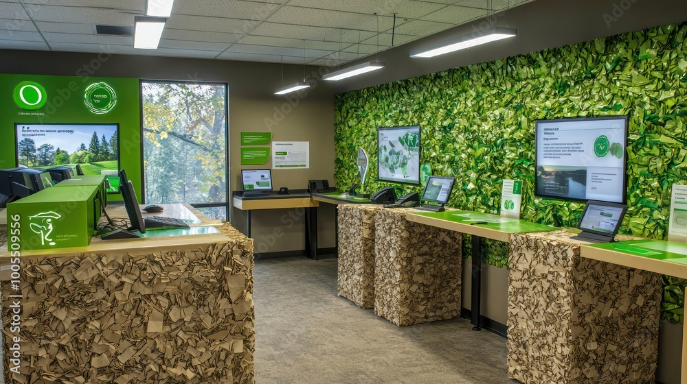 A green design consulting firm's office with interactive displays on ...