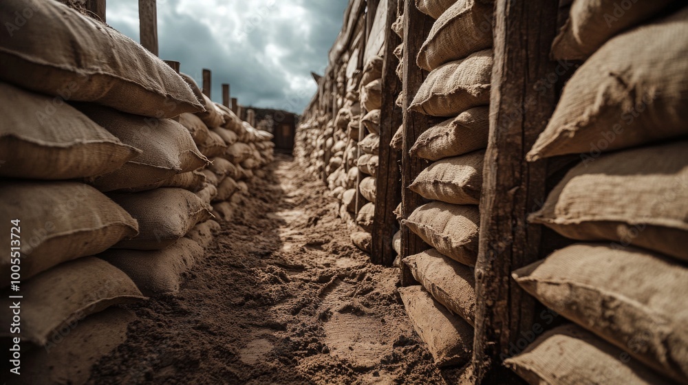 World War I trenches with sandbags stacked for protection in a ...