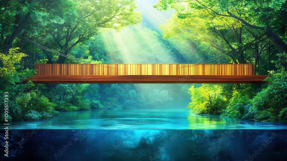 A modern wooden bridge, seamlessly blending into the forest, suspended ...