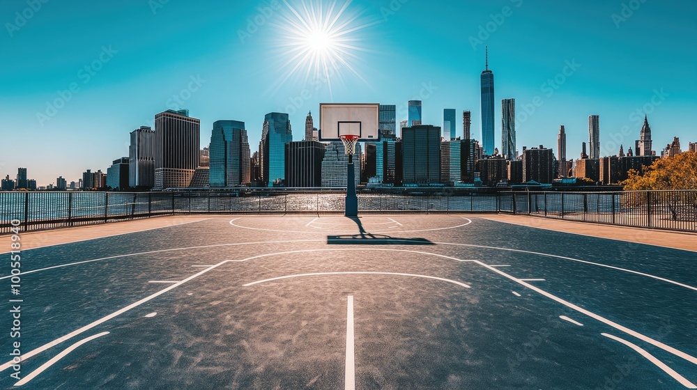 Rooftop basketball court with vibrant markings and a view of the ...