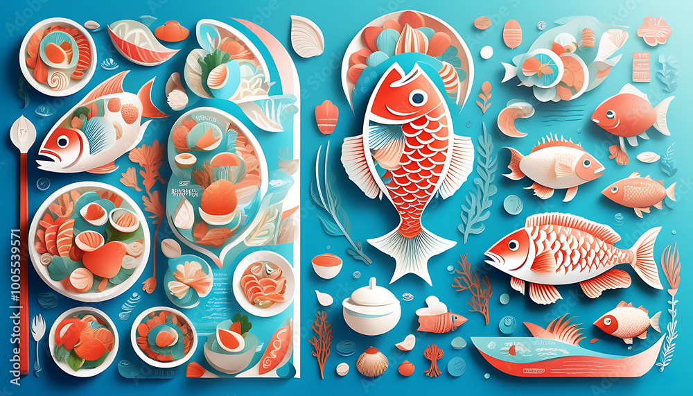 Inspiration for fish-shaped restaurant menu design, combining seafood ...