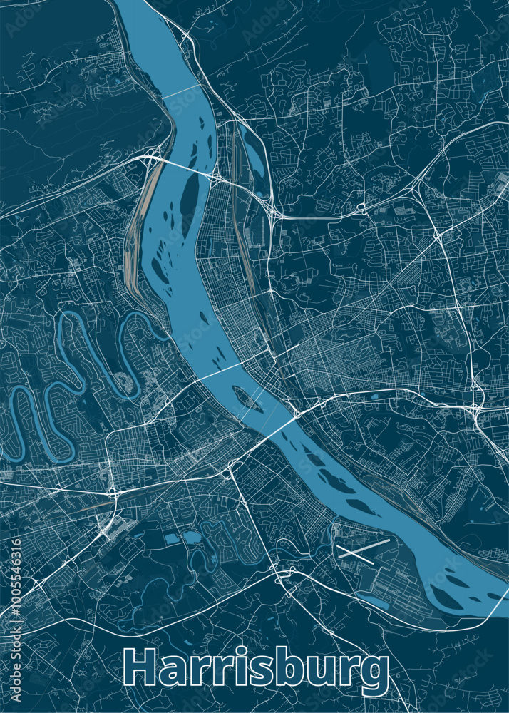 Detailed map of Harrisburg, Pennsylvania, rendered in a minimalist ...
