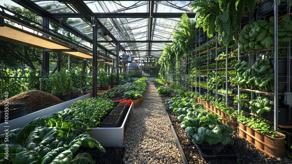 A sustainable urban farm with vertical gardening systems, composting ...
