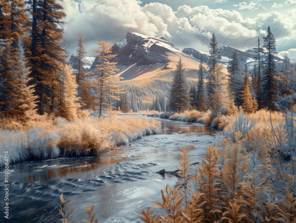 An autumn landscape featuring a gentle stream winding through golden ...