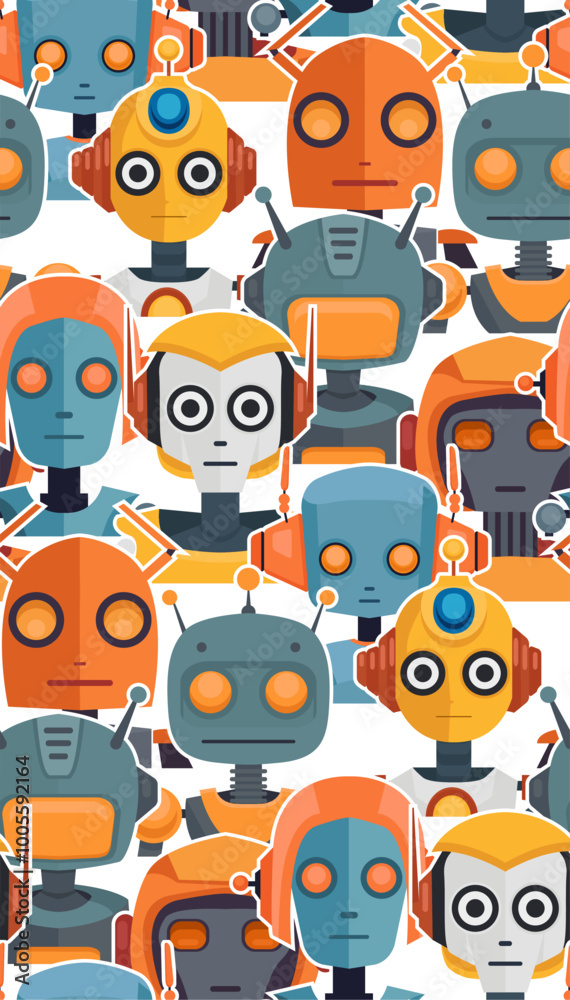 Vector childish pattern with crowd of cartoon robots. Dense flat ...