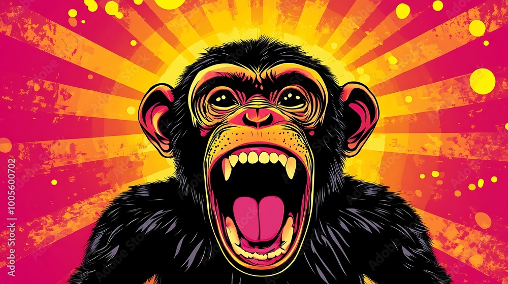 A close-up illustration of a chimpanzee with an open mouth and sharp ...