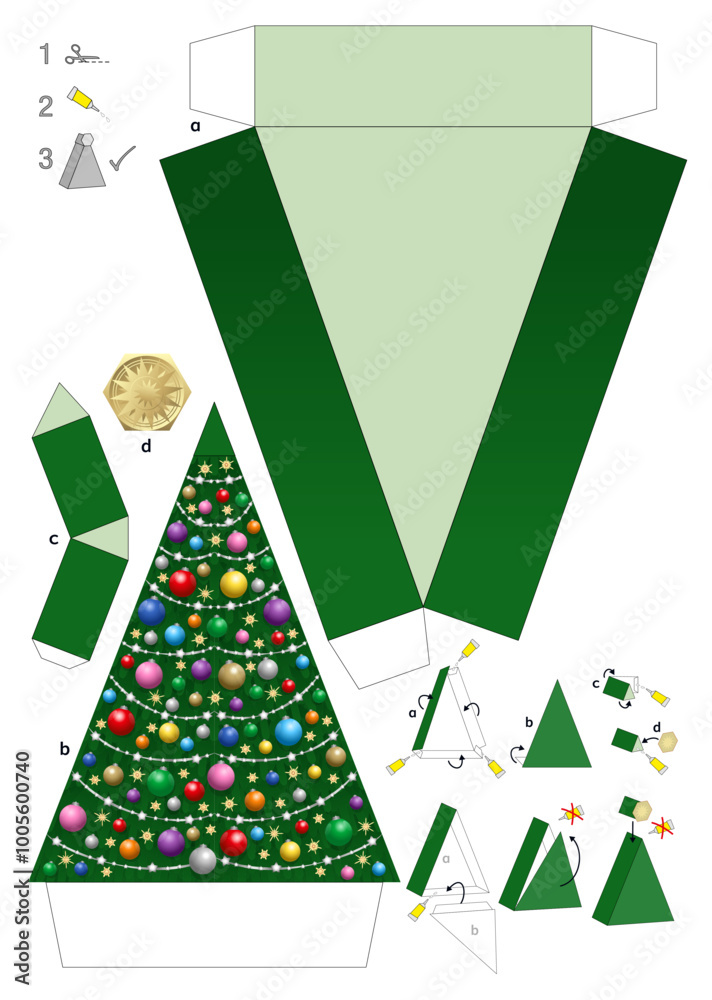 Template for a paper model of a Christmas tree box. Printable sheet for ...