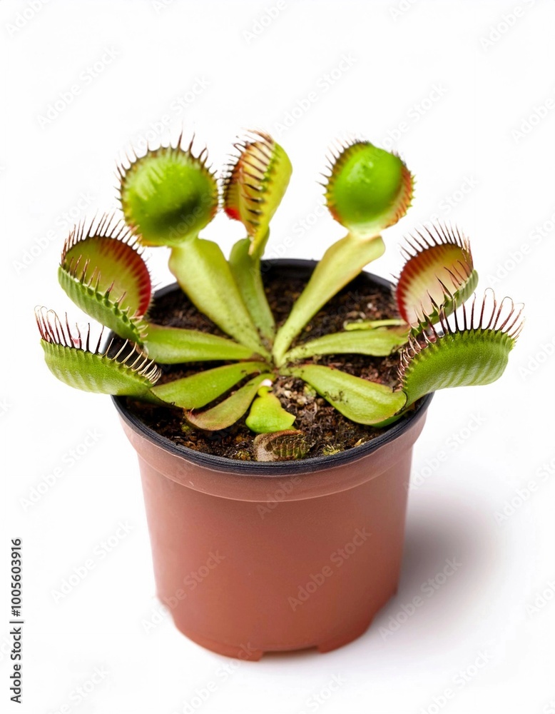 Venus flytrap (Dionaea muscipula) plant on brown pot, isolated on white ...