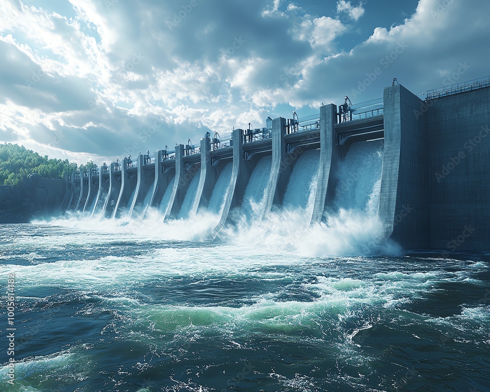 Hydroelectric dam scene with rushing water driving turbines ...