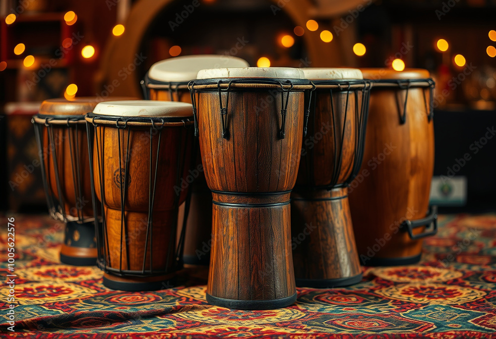 Full View of African Drums Set Arranged on Vibrant Fabric Stock Photo ...