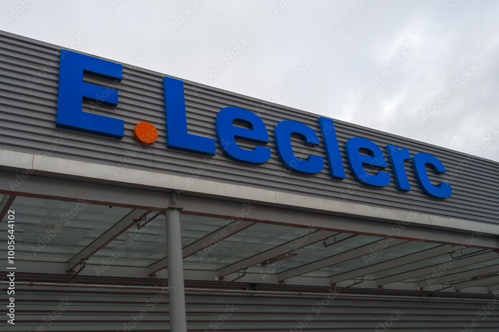 E.Leclerc supermarket entrance sign text and logo brand of leclerc ...